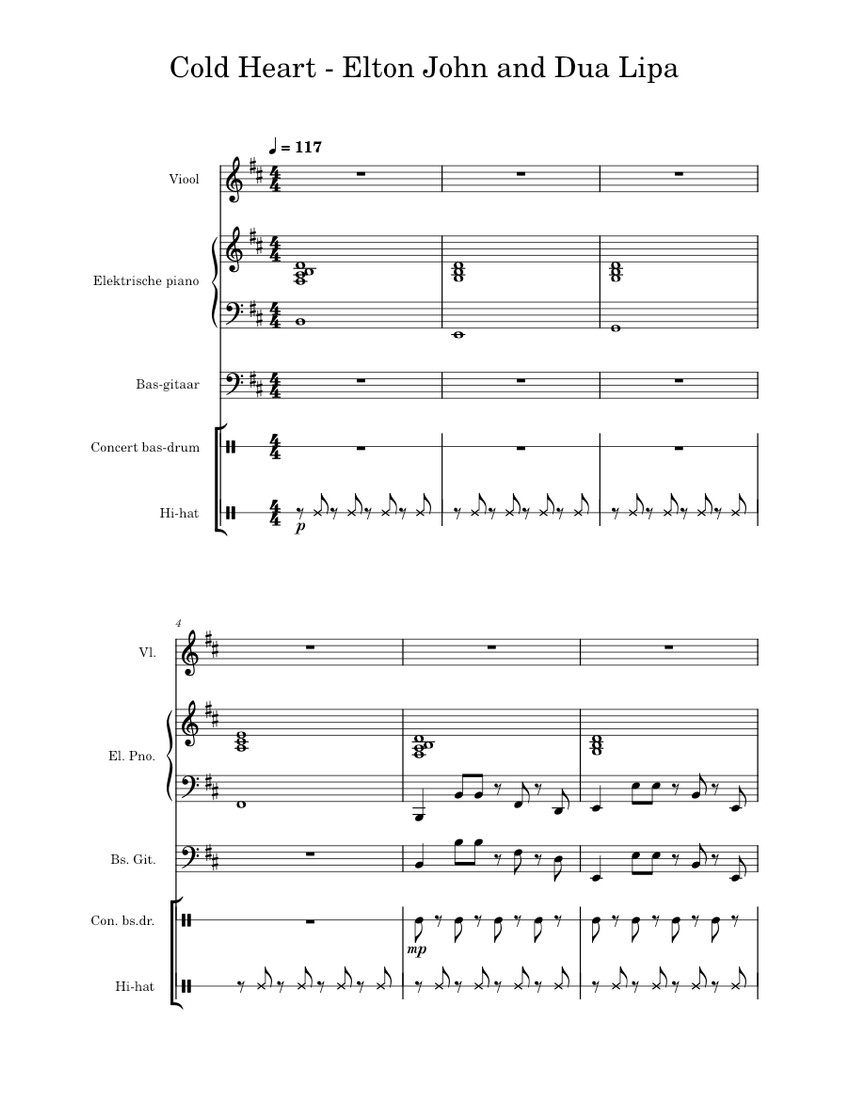 Cold heart – Dua Lipa Sheet Music for Piano, Violin, Bass guitar, Bass ...