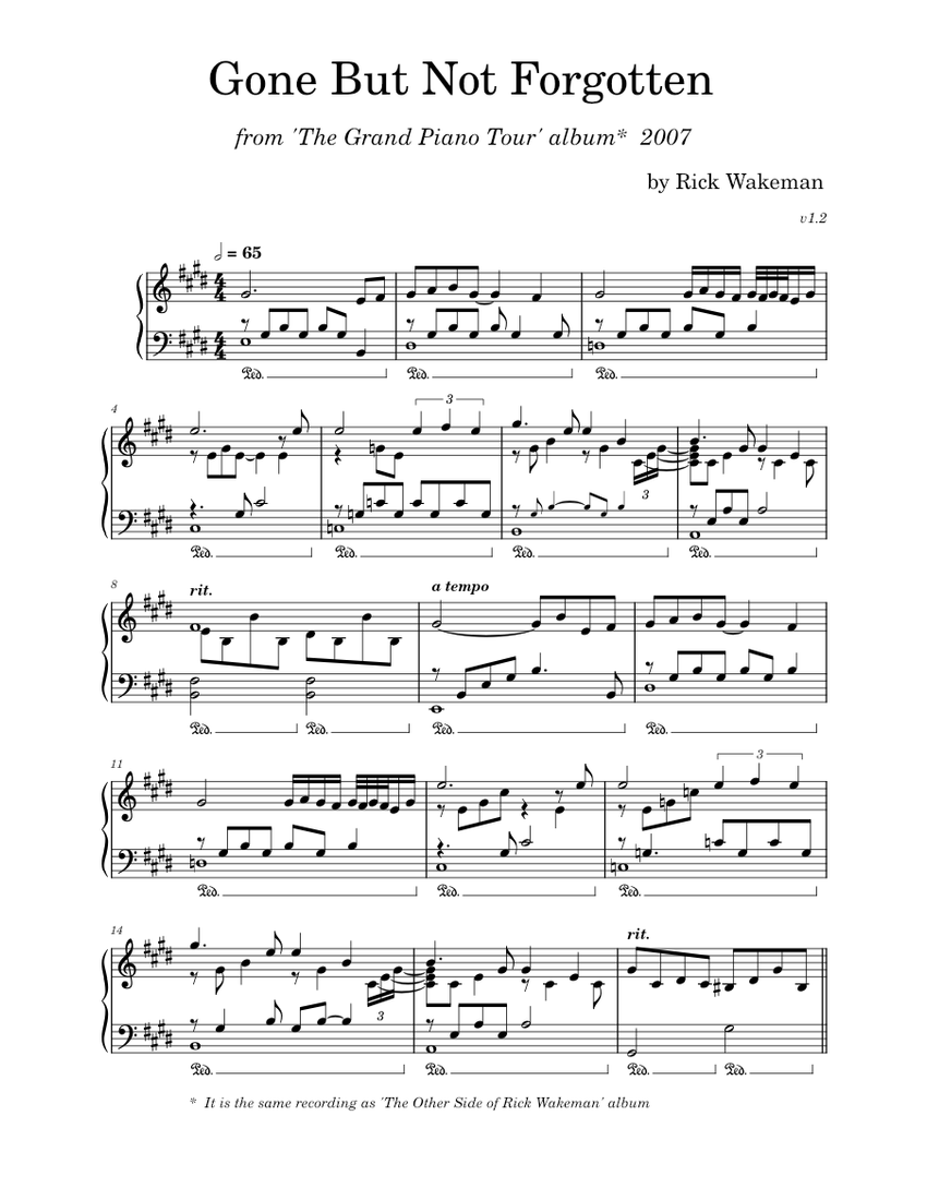 Gone But Not Forgotten – Rick Wakeman (2007 performance; V1.2) Sheet music for Piano (Solo ...
