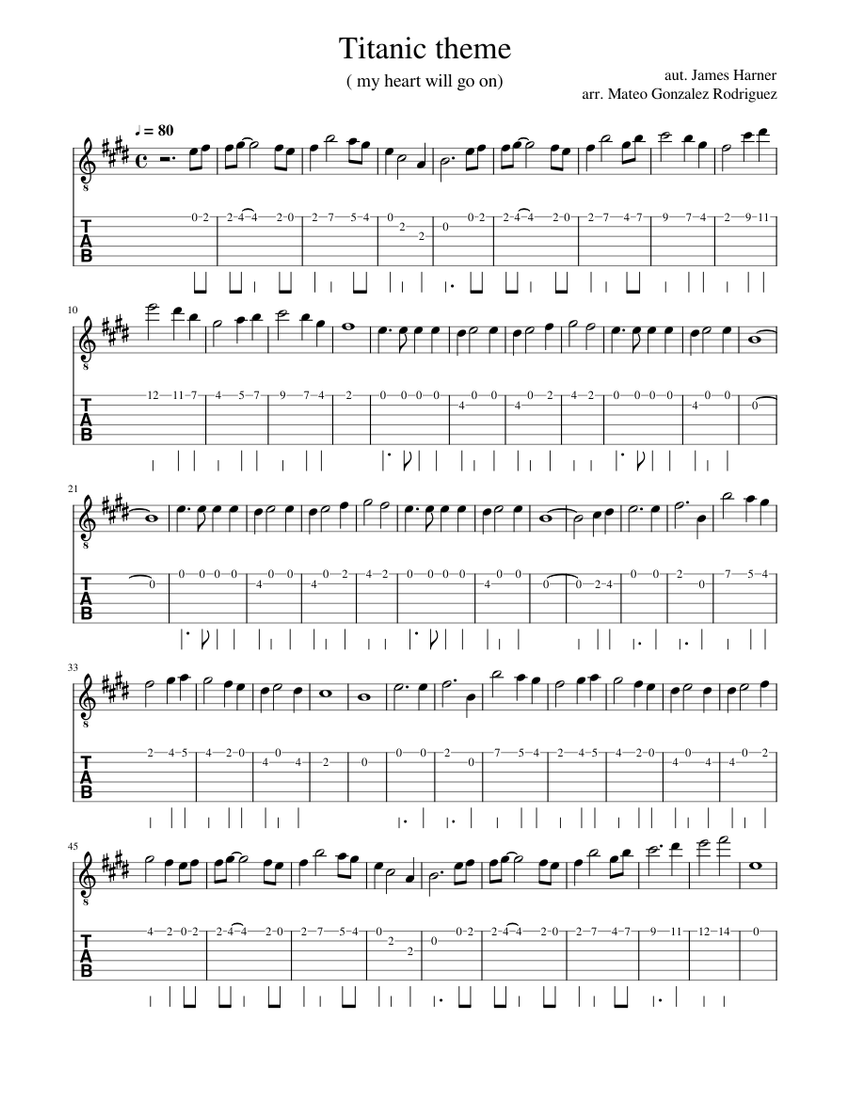 Titanic theme ( My Heart Will Go On) Sheet Music and Tab for Guitar ...
