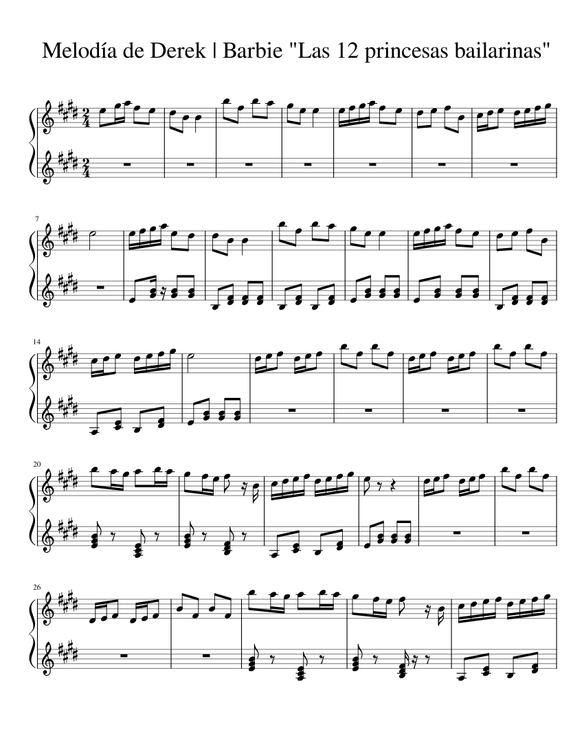 Derek’s Tune - Barbie 12 Dancing Princesses Sheet Music for Piano (Piano Duo) Easy | MuseScore.com