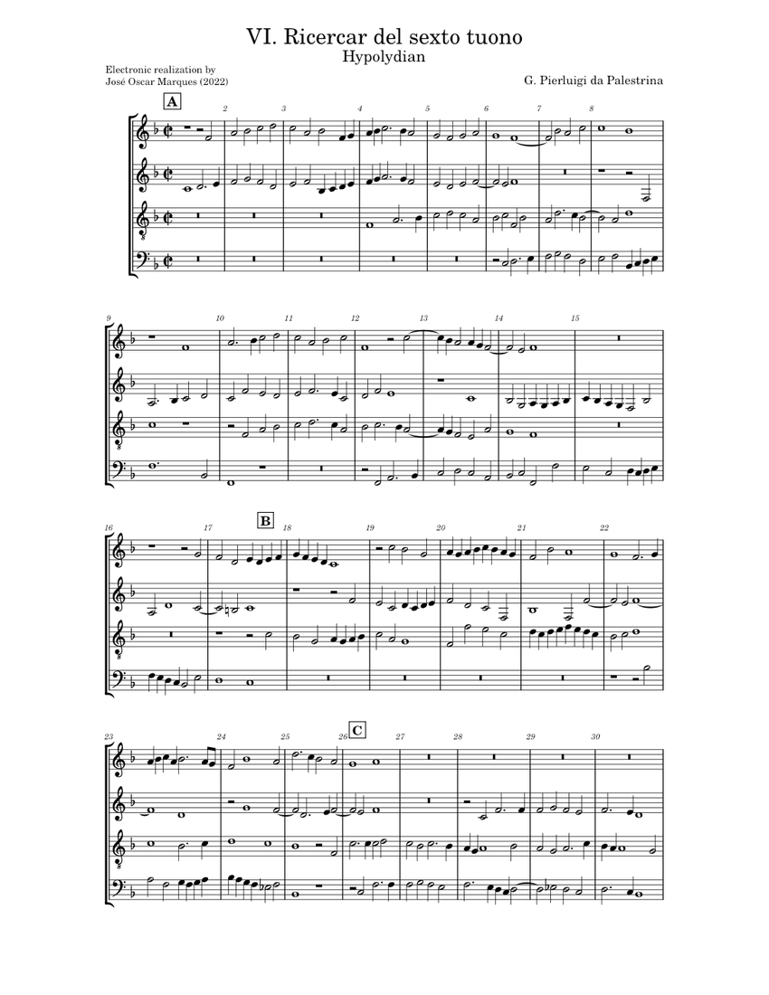 G. P. da Palestrina: Ricercar del sexto tuono Sheet music for Strings ...