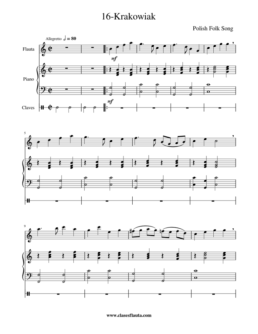16-Krakowiak-Polish Folk Song Sheet music for Piano, Flute, Claves ...