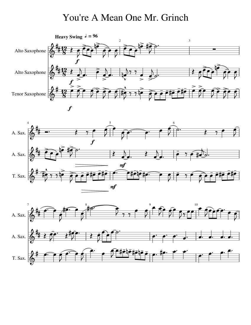 Youre A Mean One Mr Grinch AAT Sheet Music for Saxophone alto ...