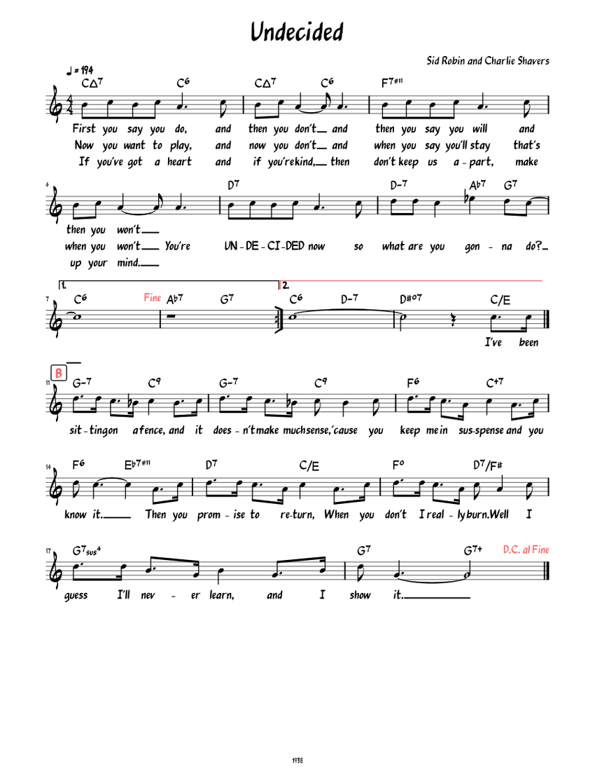 Undecided (Lead sheet with lyrics ) Sheet music for Piano (Solo ...