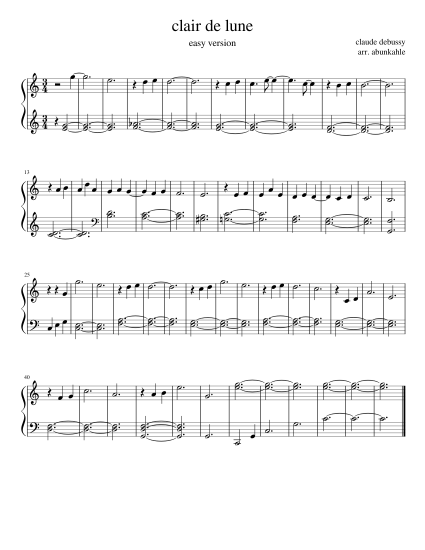 Clair de lune – Claude Debussy easy version Sheet music for Piano (Solo ...