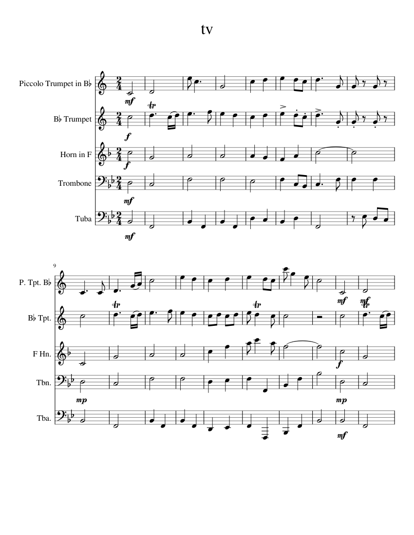 tv Sheet music for Trombone, Tuba, Trumpet piccolo, Trumpet in b-flat ...