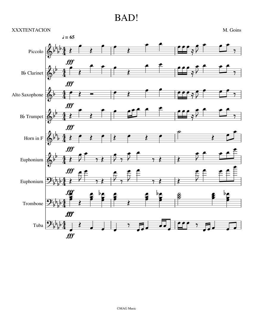 BAD!-XXXTENTACION Sheet music for Trombone, Euphonium, Tuba, Flute ...