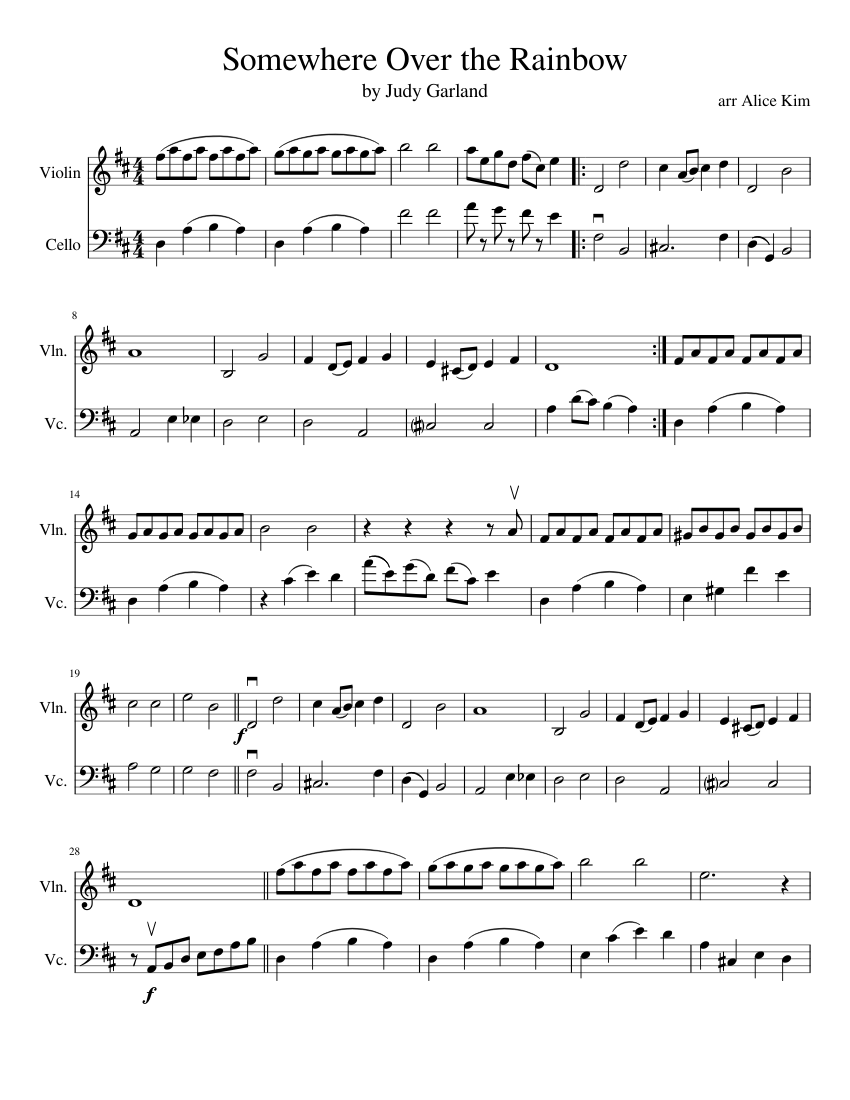 Somewhere Over the Rainbow Sheet Music for Violin, Cello (String Duet ...