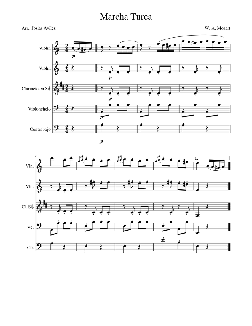 marcha turca Sheet music for Clarinet in b-flat, Contrabass, Violin ...
