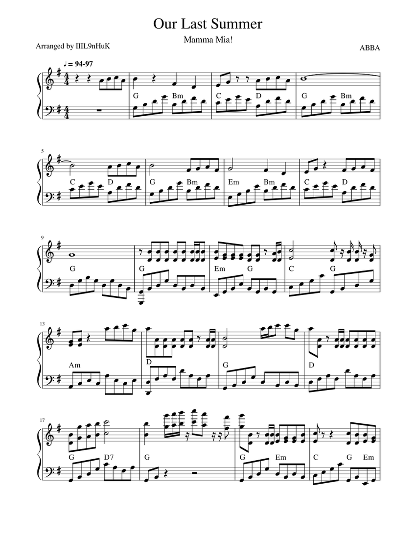 Our Last Summer Sheet Music with Chords for Piano (Solo) | MuseScore.com