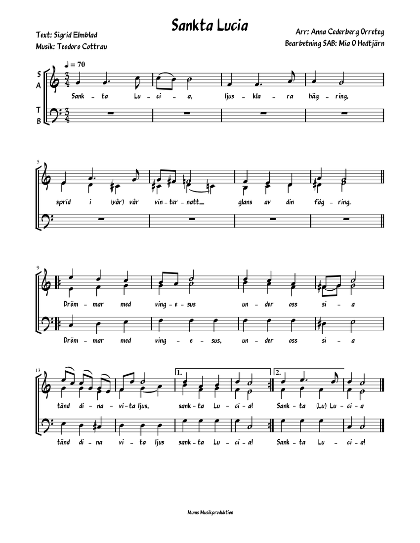 Sankta_Lucia Sheet Music for Female, Male (SATB) | MuseScore.com