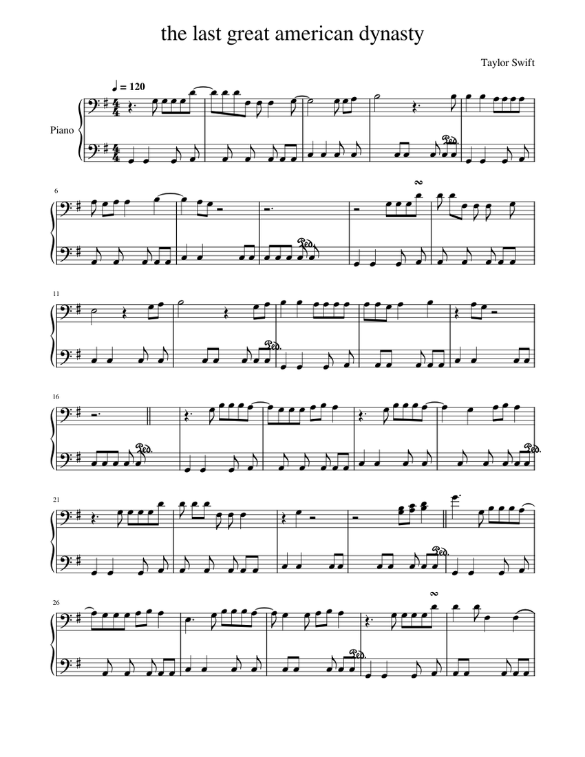 The Last Great American Dynasty - Taylor Swift Sheet Music for Piano ...