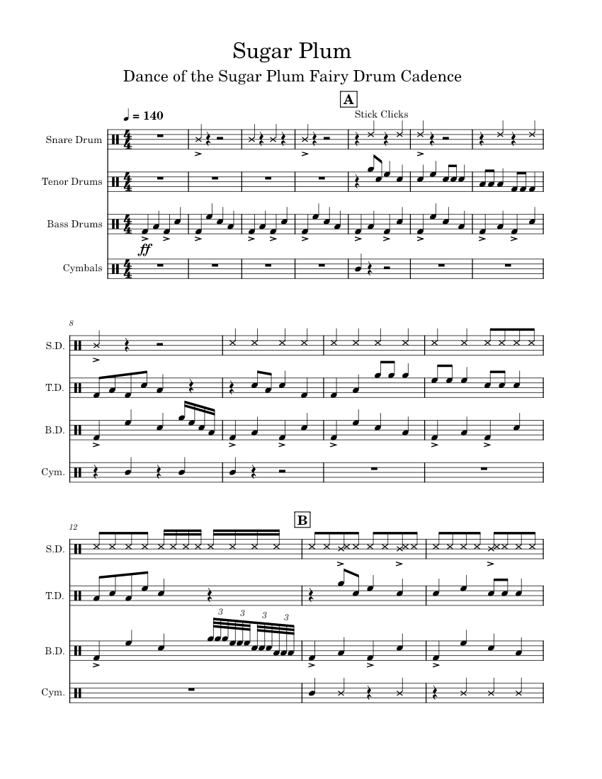 .Dance of the Sugar Plum Fairy - Drumline Cadence Sheet Music for Snare ...