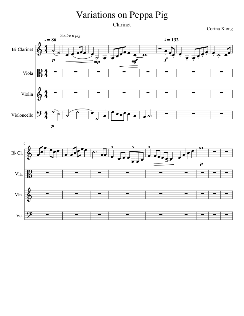 Variations on Peppa Pig.1 Sheet Music for Clarinet in b-flat, Violin ...