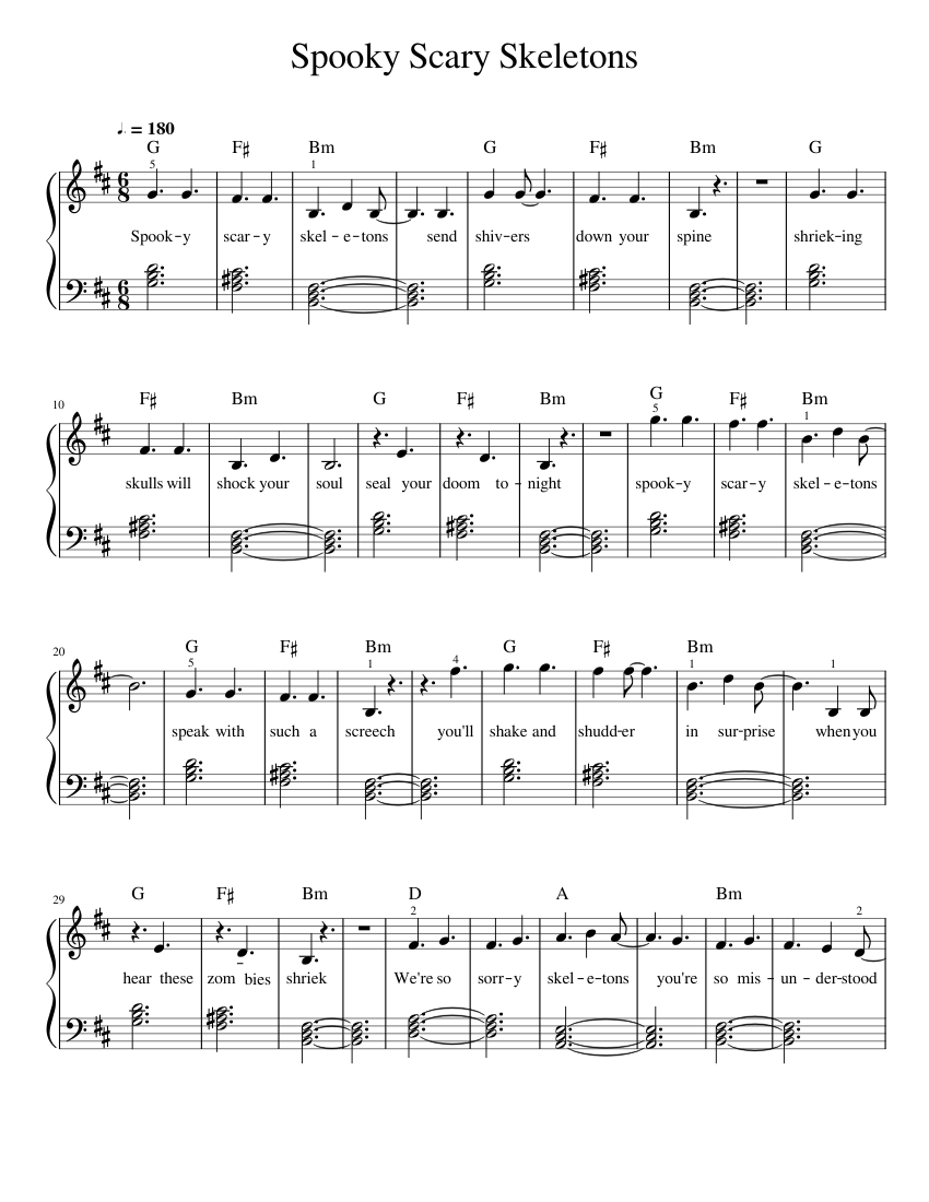 Spooky Scary Skeletons Sheet Music with Chords for Piano (Solo) Easy ...