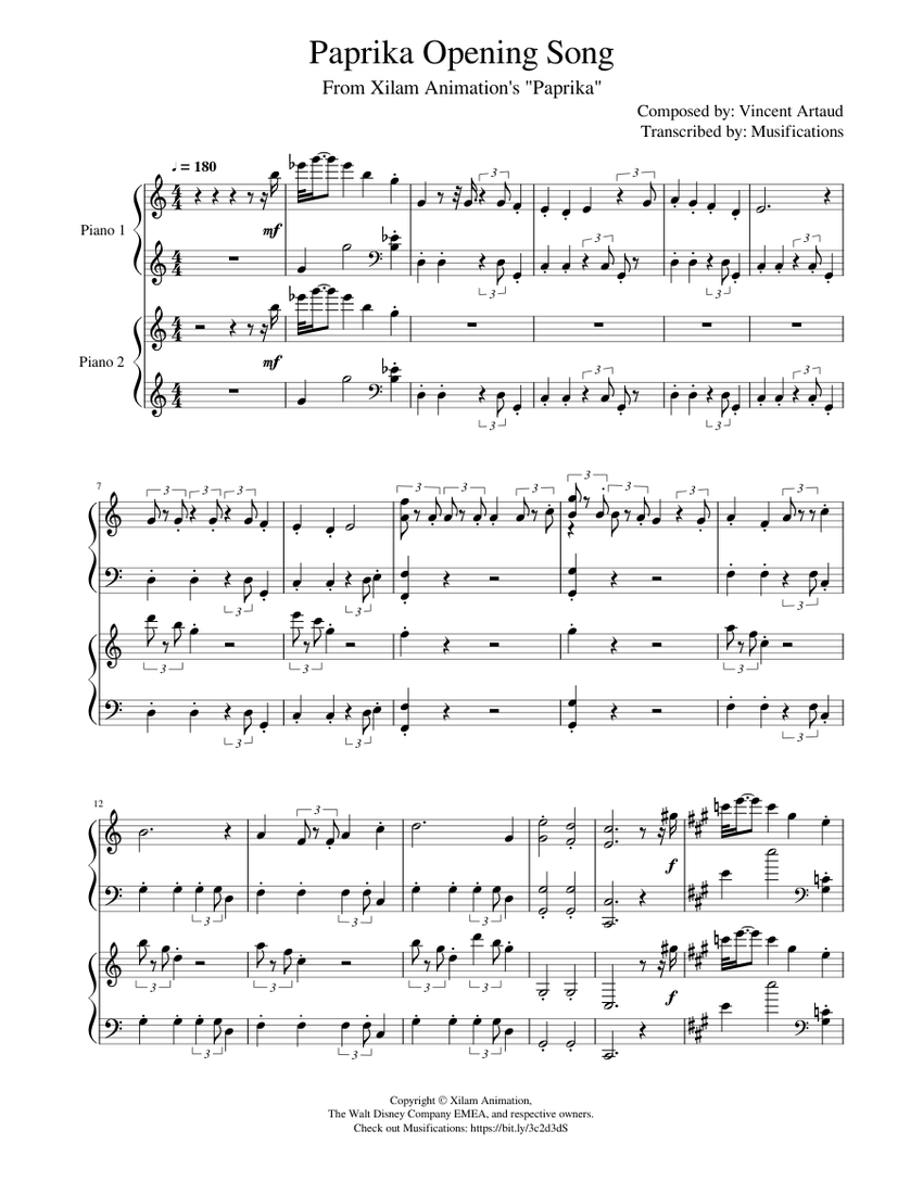 Xilam's Paprika ~ Opening Theme Song Sheet music for Piano (Piano Duo ...