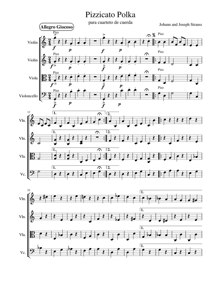 Pizzicato Polka for string quartet Sheet Music for Violin, Viola (Mixed ...