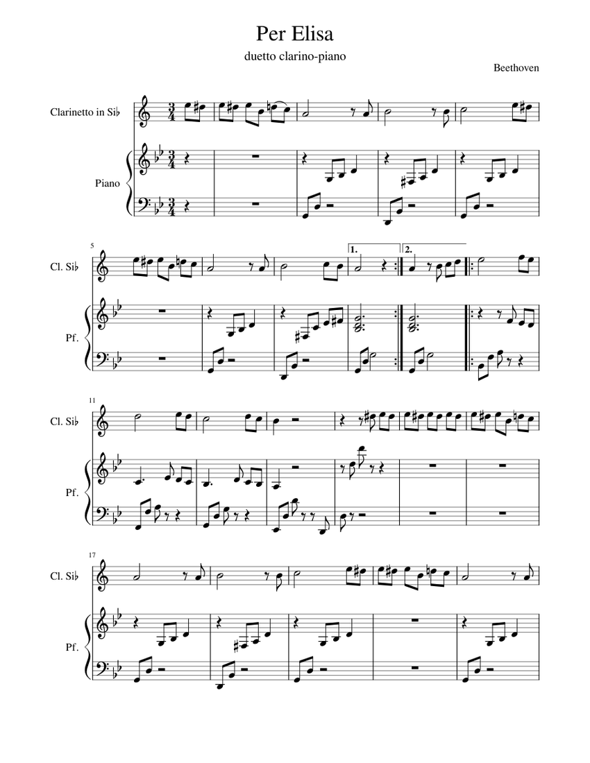 Per Elisa Sheet music for Piano, Clarinet in b-flat (Solo) | Musescore.com