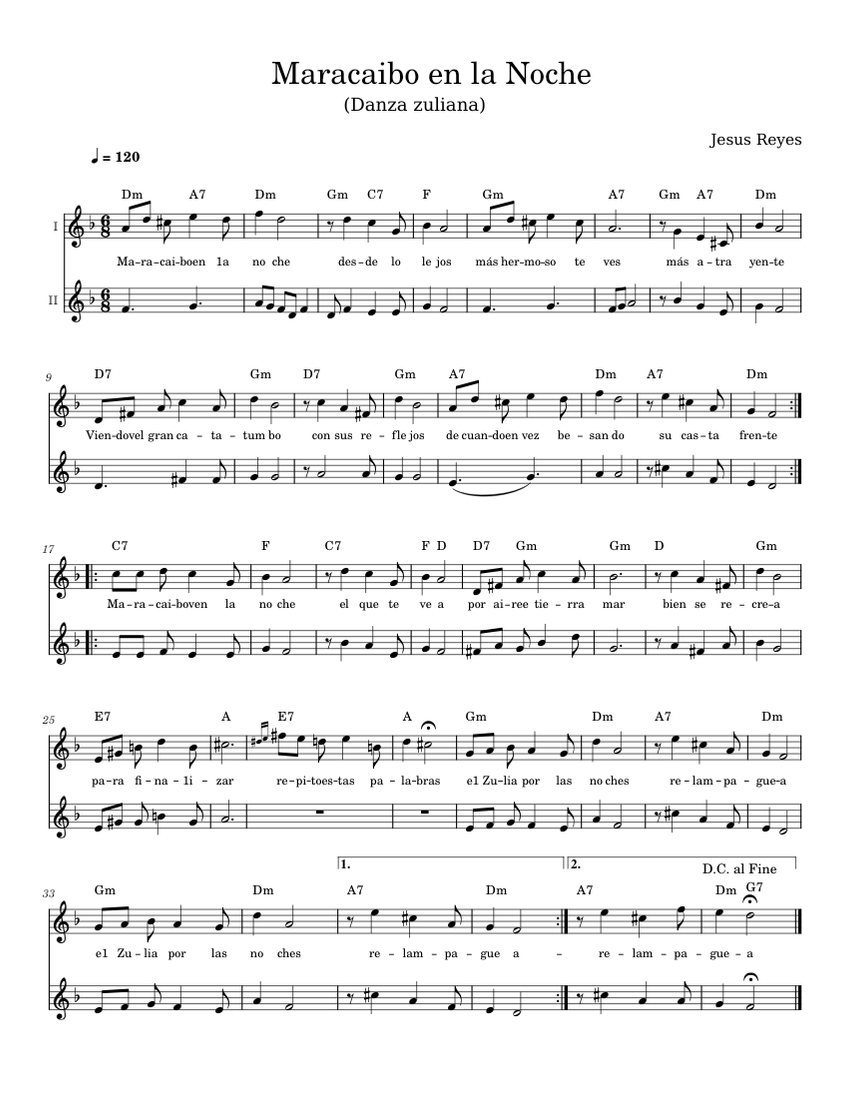 Maracaibo en la Noche Sheet Music for Vocals (Piano-Voice-Guitar ...