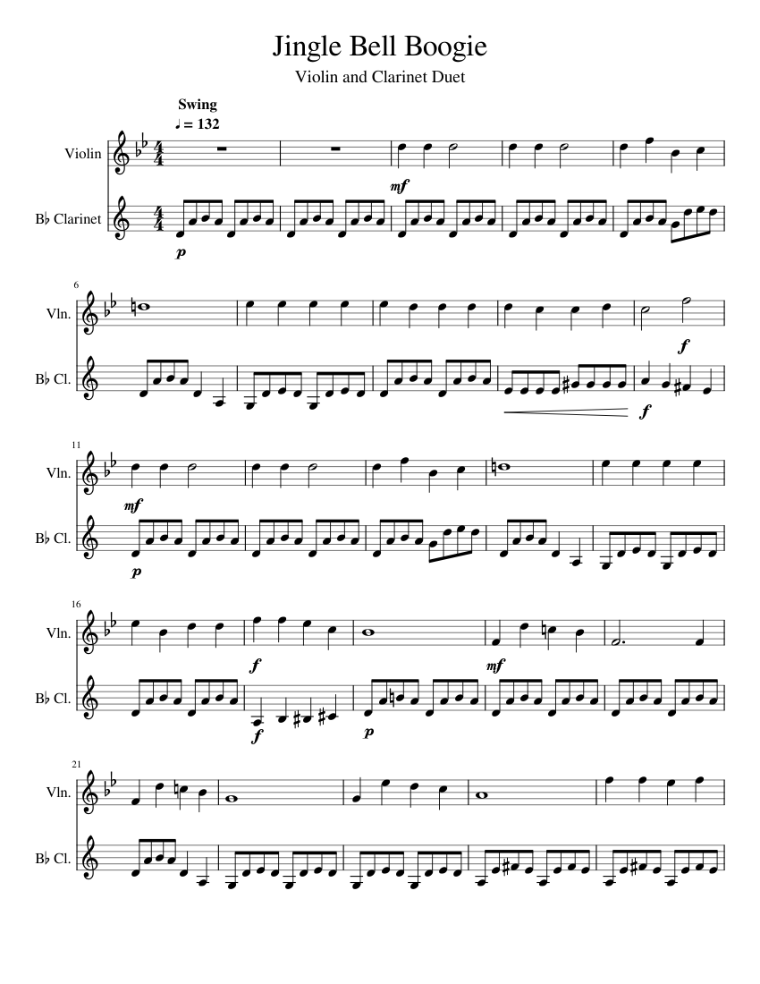 Jingle Bell Boogie Duet Sheet Music for Clarinet in b-flat, Violin ...
