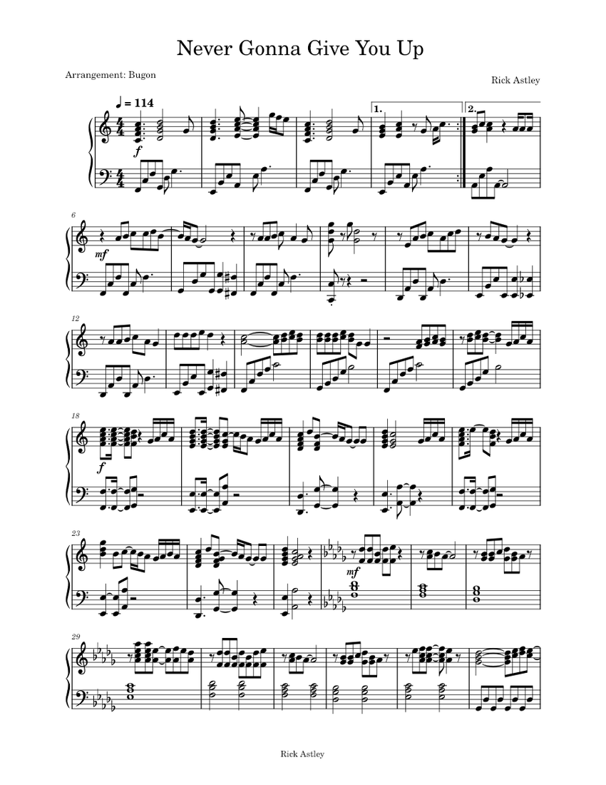 Never Gonna Give You Up Sheet Music for Piano (Solo) | MuseScore.com