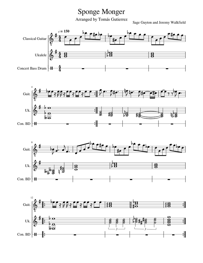 Sponge Monger Sheet Music for Guitar, Bass drum, Ukulele (Mixed Trio ...