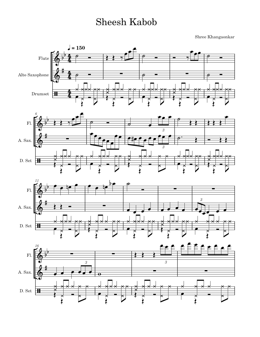 Sheesh Kabob Sheet Music for Flute, Saxophone alto, Drum group (Mixed ...