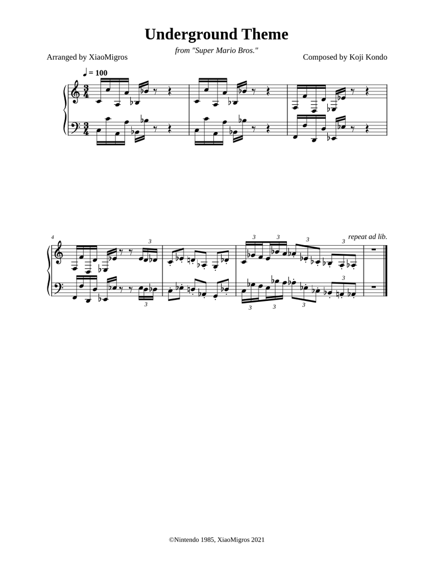 Underground Theme - Super Mario Bros. Sheet Music for Piano (Solo) easy ...