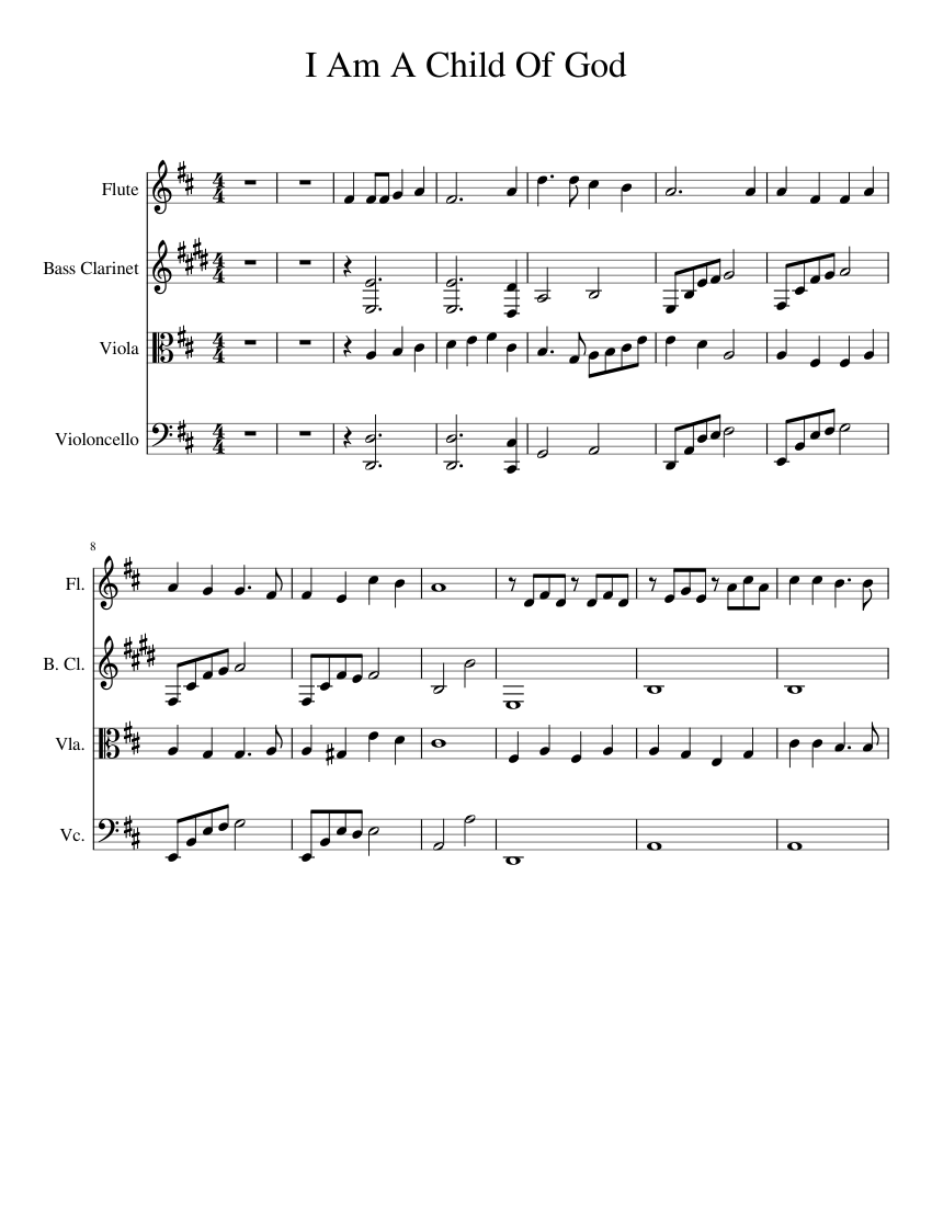 I Am A Child Of God Sheet Music for Flute, Clarinet bass, Viola, Cello ...