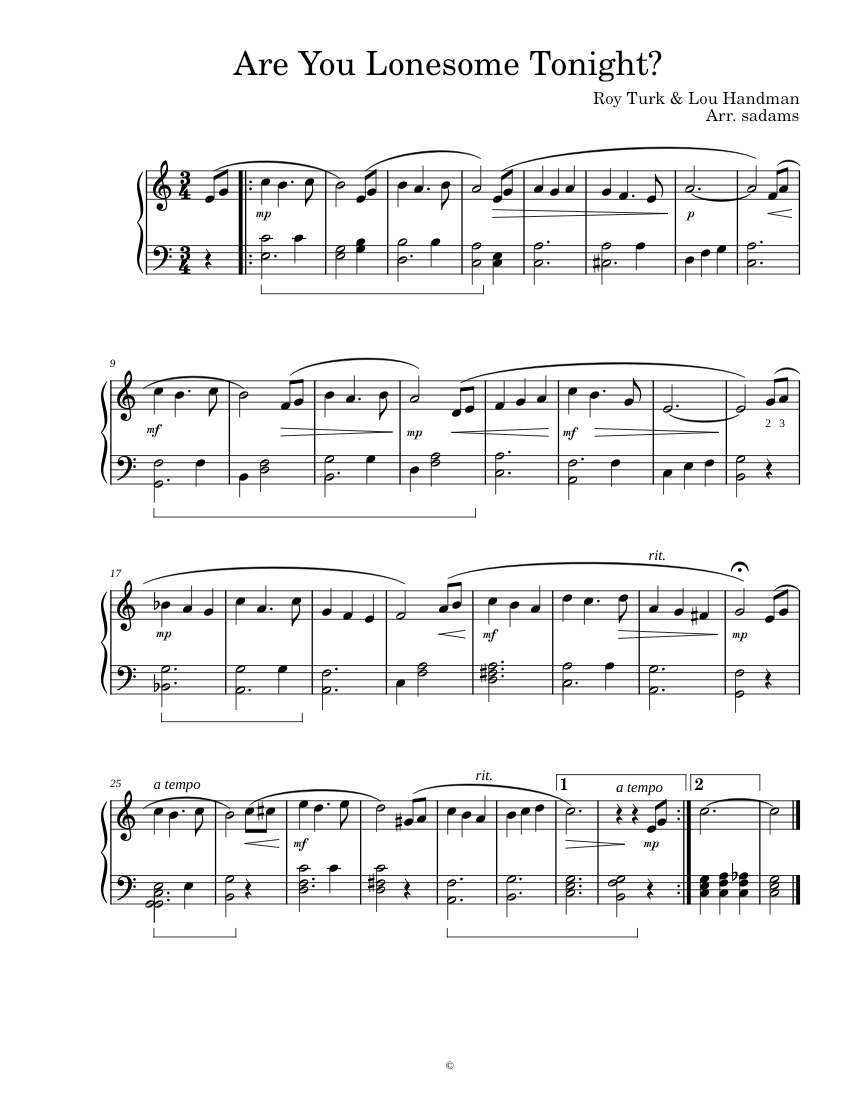 Are You Lonesome Tonight? (Easy Piano) – ROY TURL and LOU HANDMAN Sheet ...