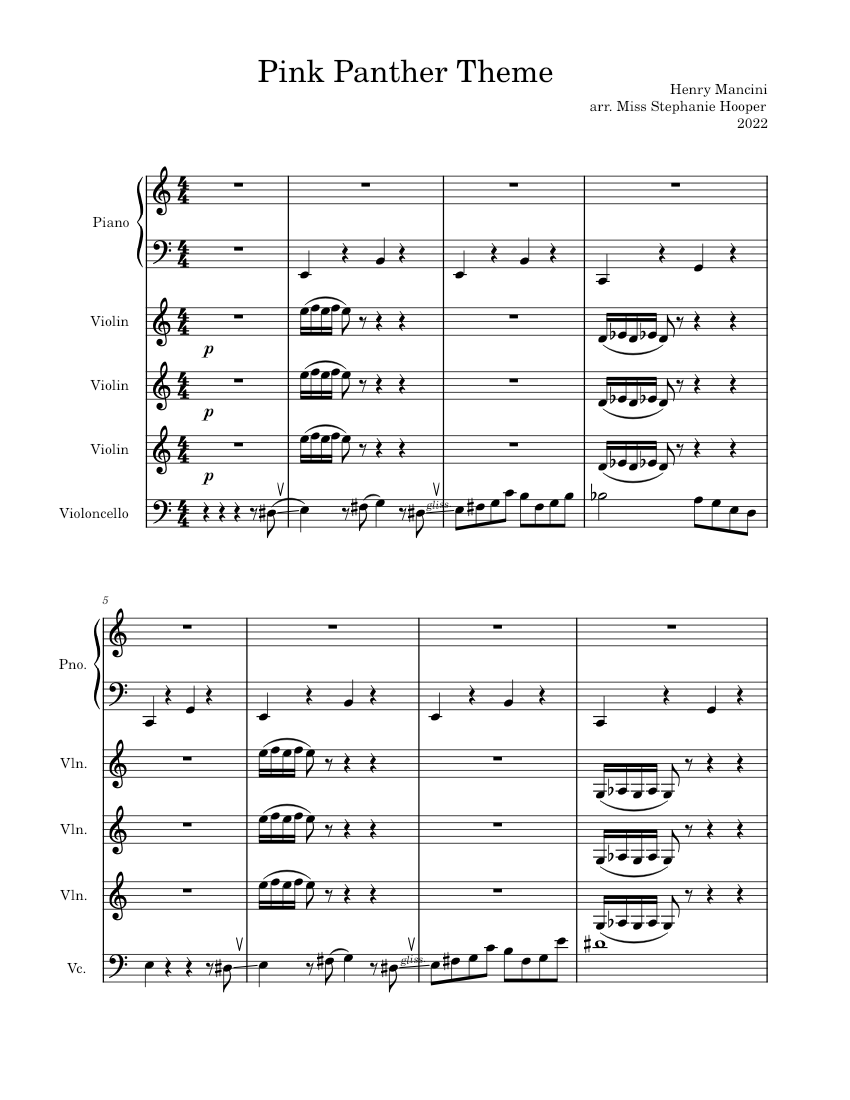 Pink Panther Theme Sheet Music for Piano, Violin, Cello (Symphony ...