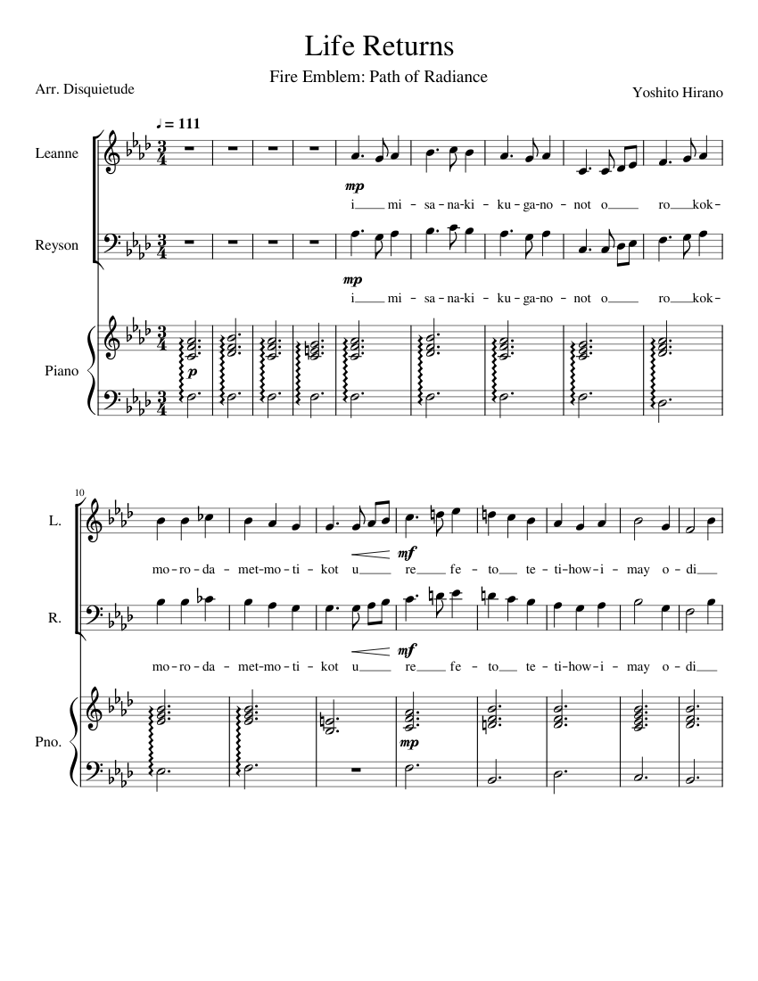 Life Returns - Fire Emblem: Path of Radiance Sheet music for Piano ...