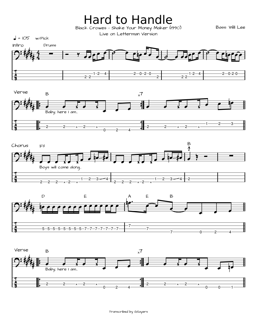 Black Crowes - Hard to Handle - Bass Sheet Music and Tab with Chords ...