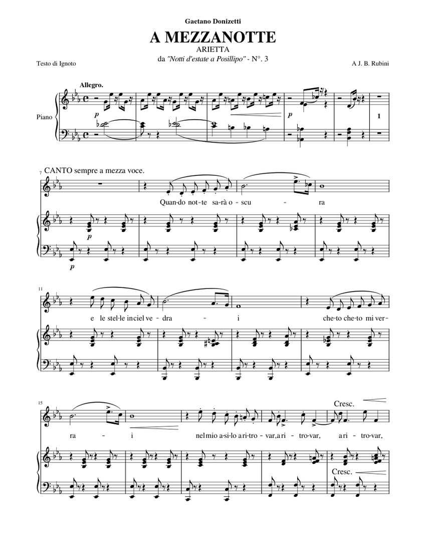 A mezzanotte – Gaetano Donizetti Sheet Music for Piano, Vocals (Piano-Voice) | MuseScore.com