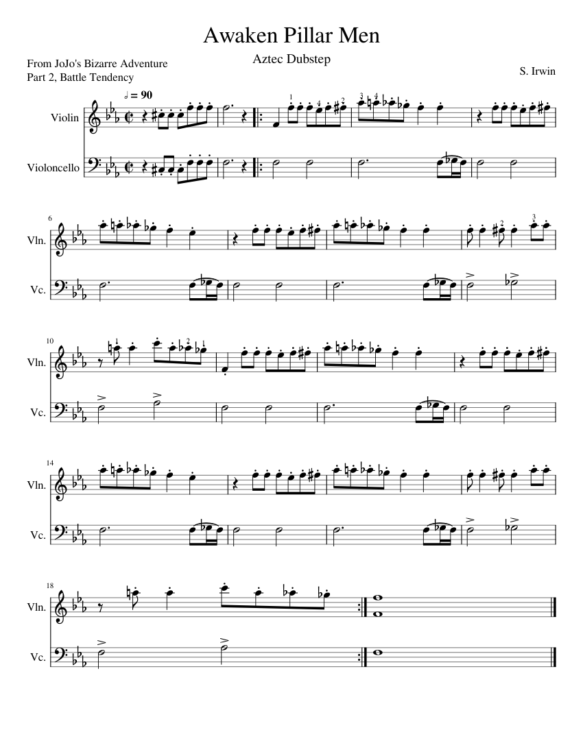 Awaken Pillar Men Sheet Music for Violin, Cello (String Duet ...