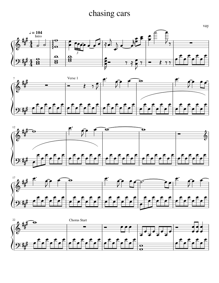 Chasing Cars VS Sheet music for Piano (Solo) Easy | Musescore.com