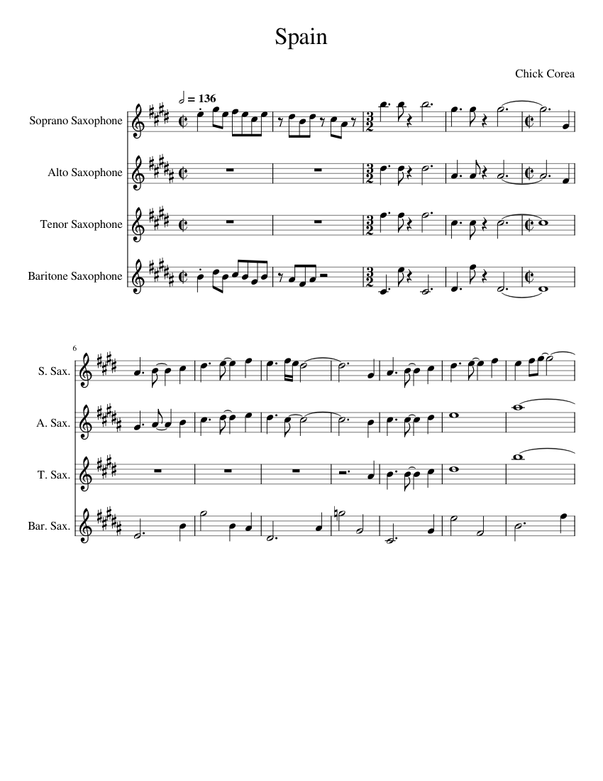 Spain Sheet music for Saxophone alto, Saxophone tenor, Saxophone ...