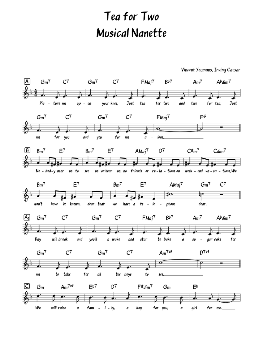 Tea for Two Sheet Music with Chords for Piano (Solo) Easy | MuseScore.com