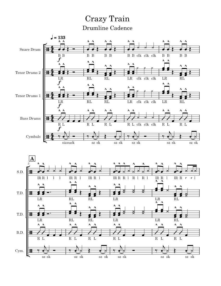 Crazy Train Sheet Music for Snare drum, Crash, Tenor drum, Bass drum ...