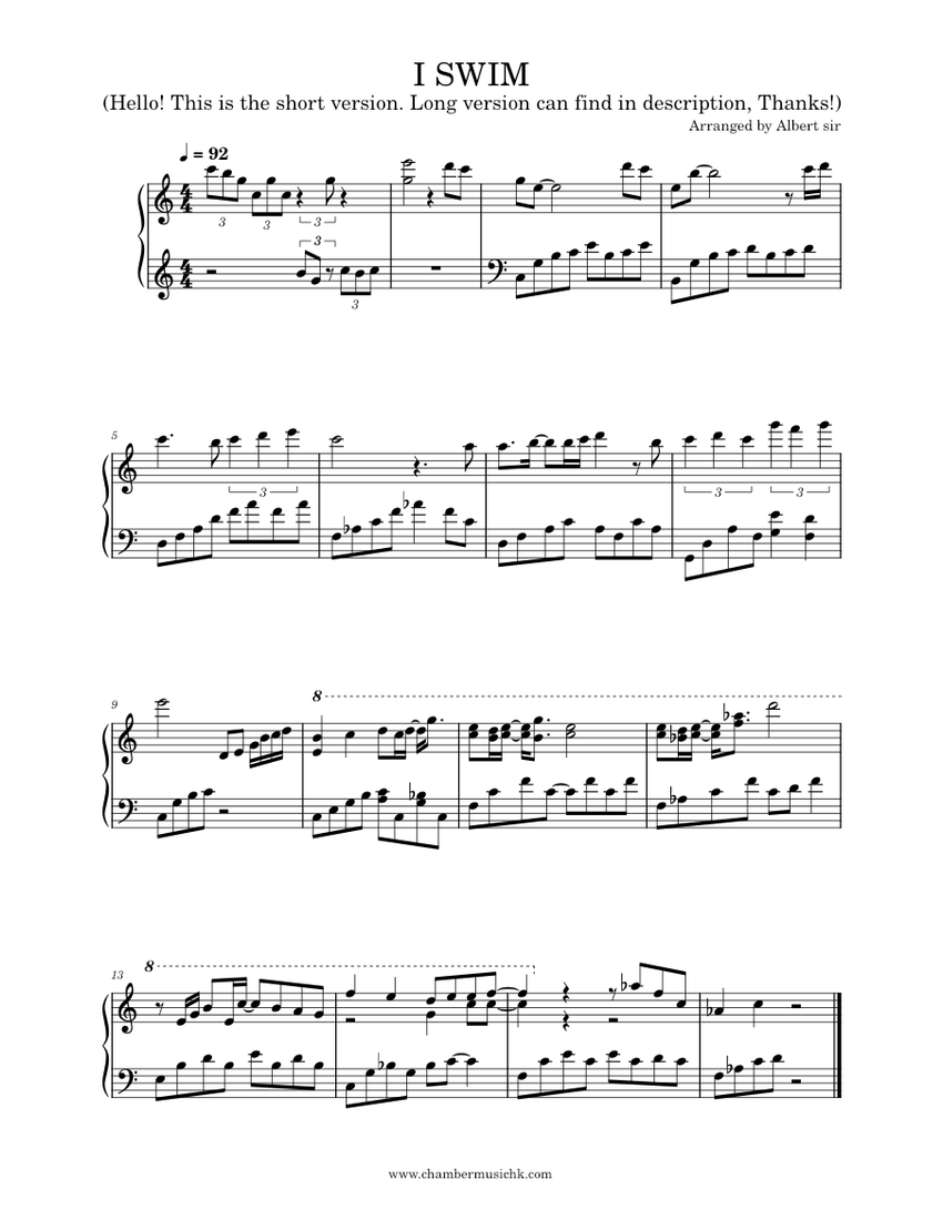 【I SWIM】 (Piano solo) 施詠 & 余浪沖 Sheet music for Piano (Solo) Easy ...