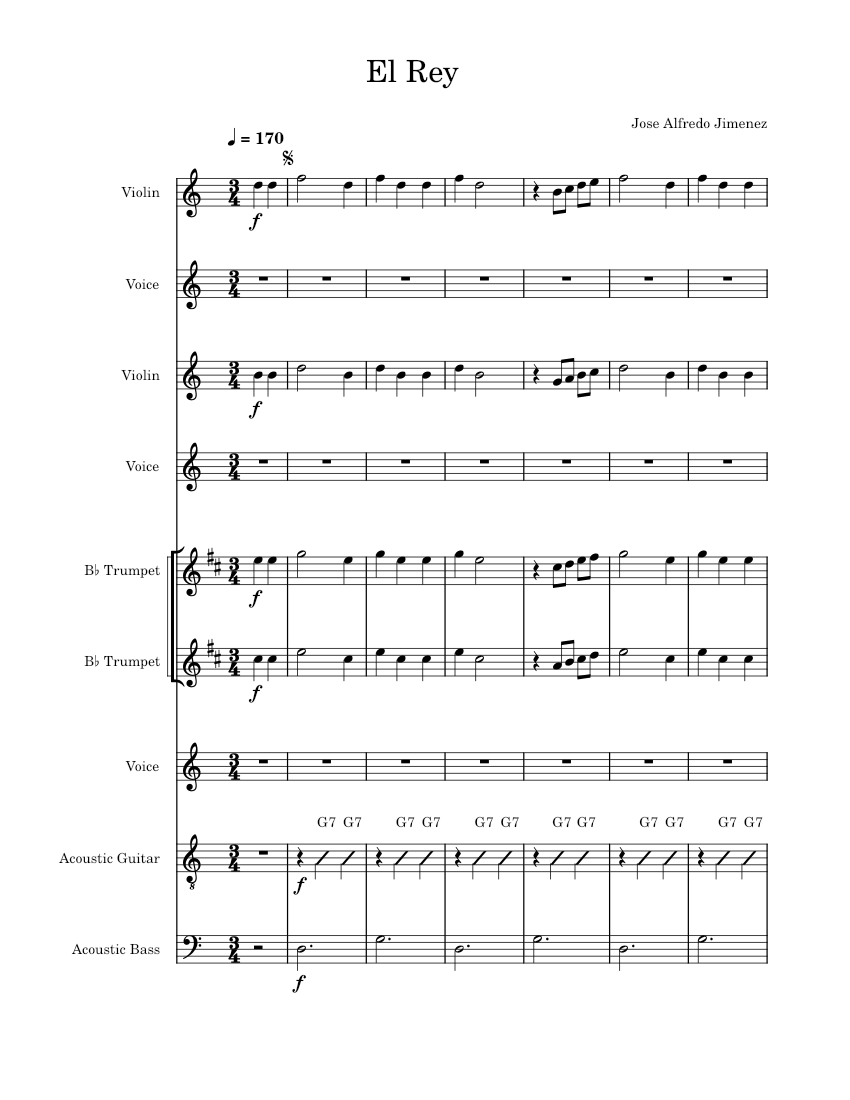 El Rey Sheet Music with Chords for Vocals, Trumpet in b-flat, Violin ...