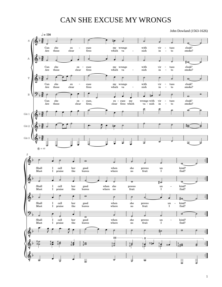 Can she excuse my wrongs - SATB and 3 Guitars – John Dowland Sheet ...