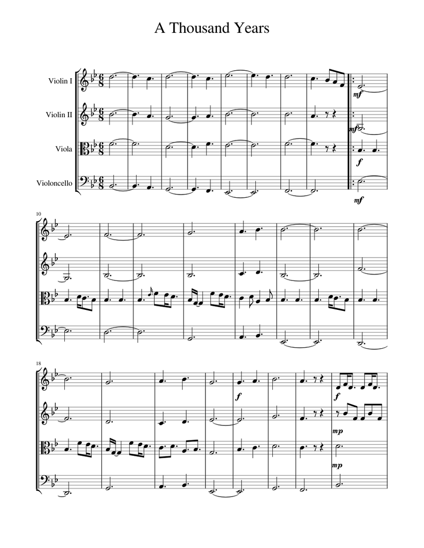 A Thousand Years Sheet Music for Violin, Viola, Cello (String Quartet ...