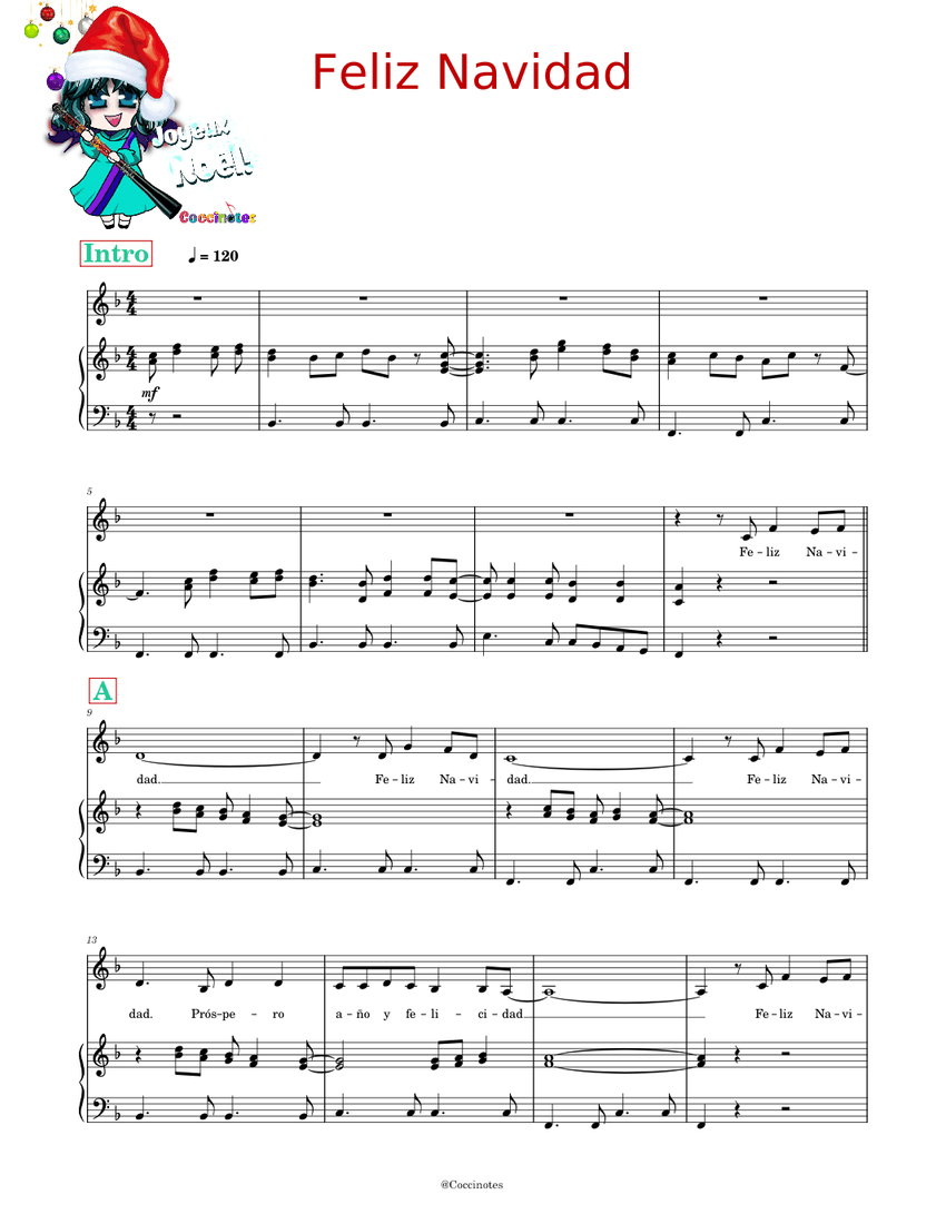 Feliz navidad - Piano & Vocal - In F Sheet Music for Piano, Flute (Solo ...