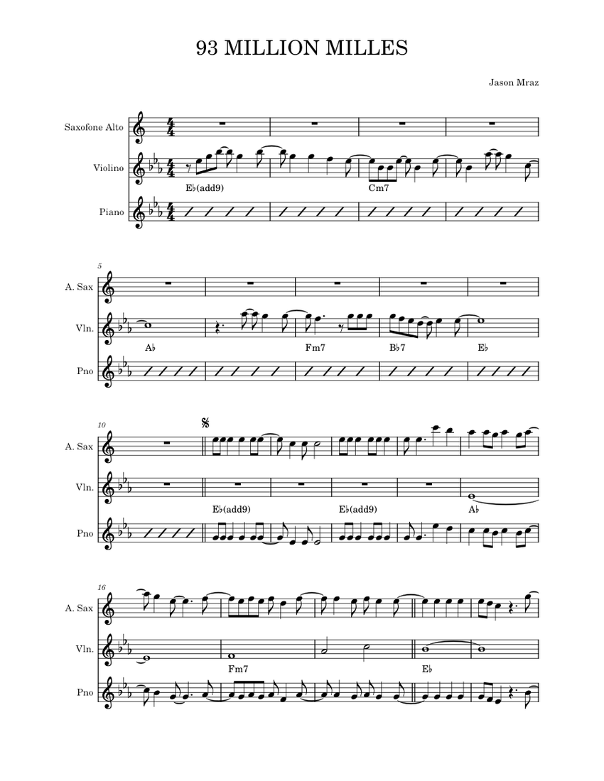 93 million miles – Jason Mraz Sheet Music for Piano, Saxophone alto ...