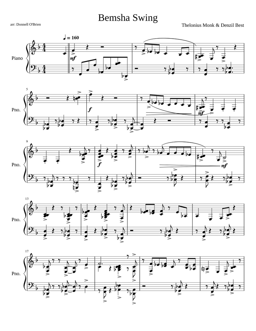 Bemsha Swing – Thelonious Monk Sheet music for Piano (Solo) | Musescore.com