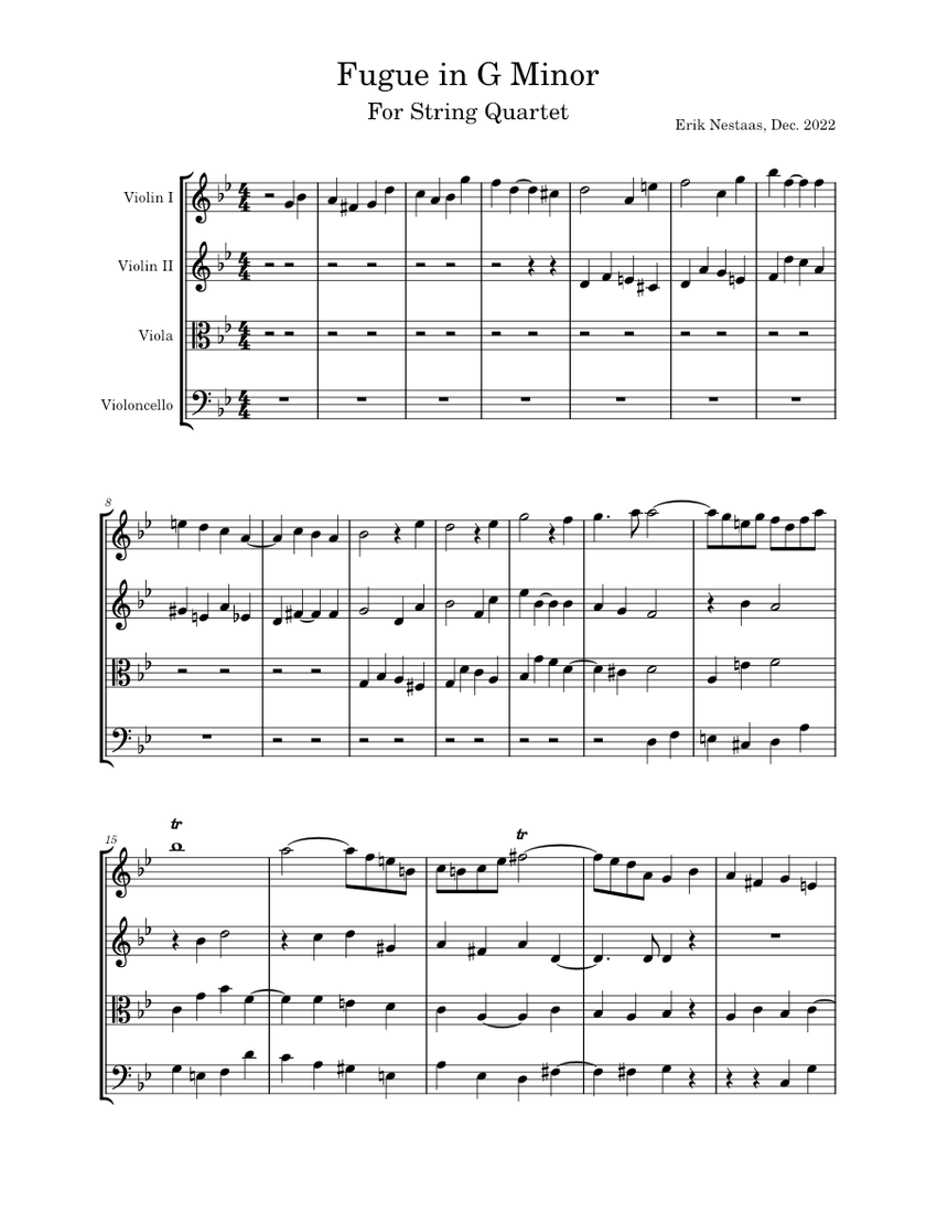 Fugue in G Minor for String quartet - piano tutorial