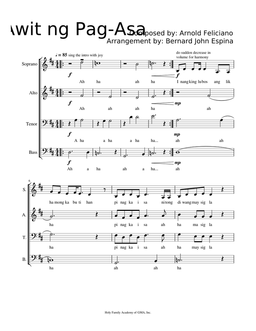Awit ng Pag-Asa Sheet music for Soprano, Alto, Tenor, Bass voice ...