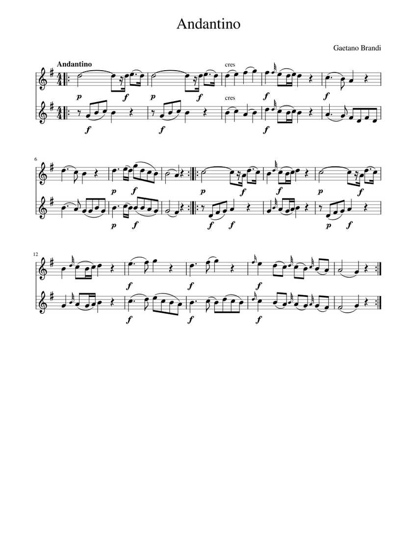 Gaetano Brandi - Andantino Sheet music for Piano (Piano Duo ...