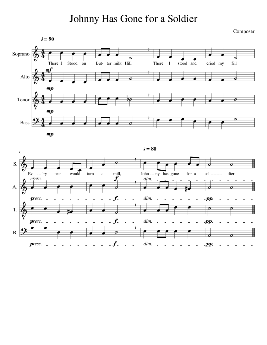 Johnny Has Gone for a Soldier Sheet Music for Soprano, Alto, Tenor ...